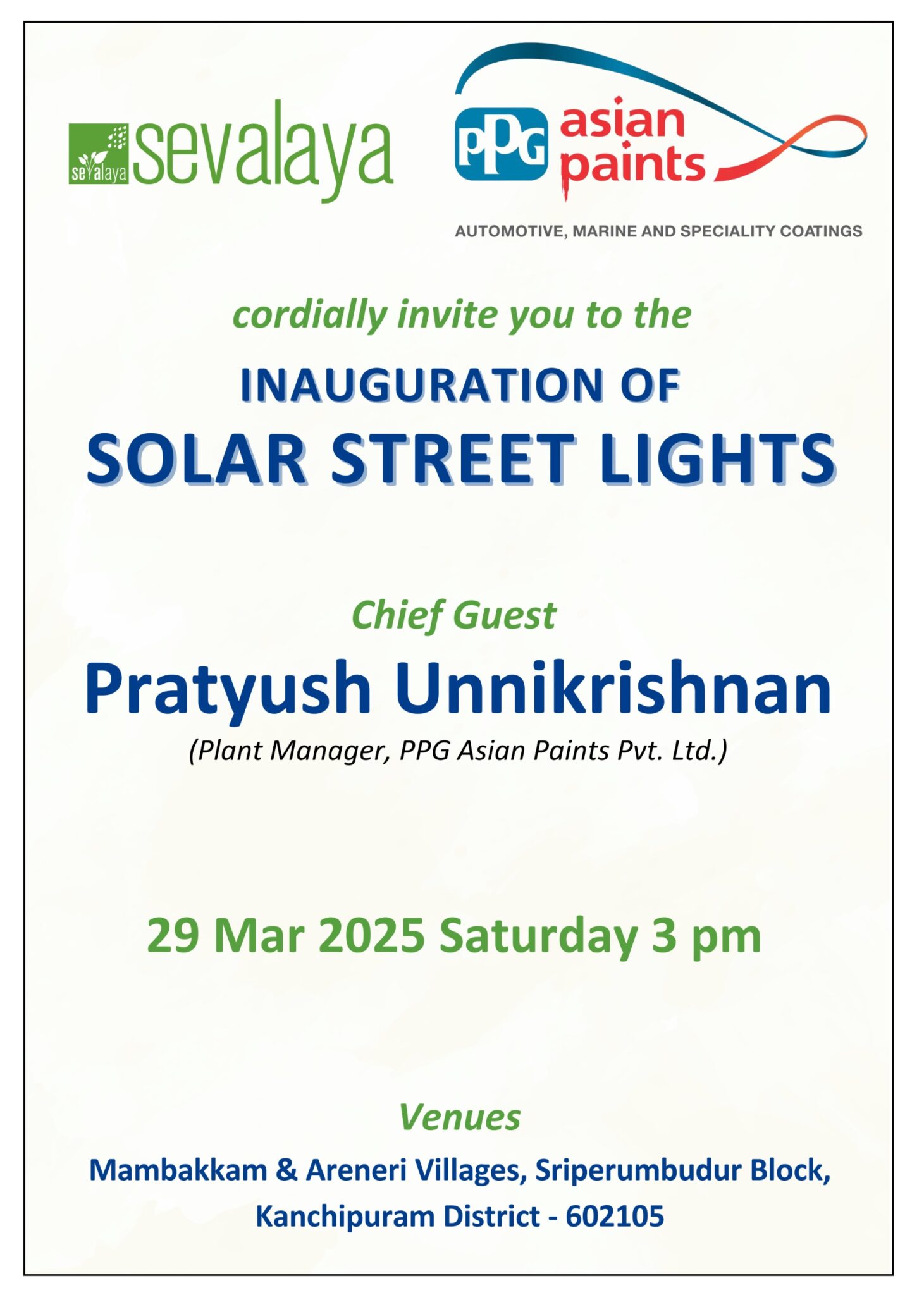 Inauguration of Solar Street Lights – Sevalaya